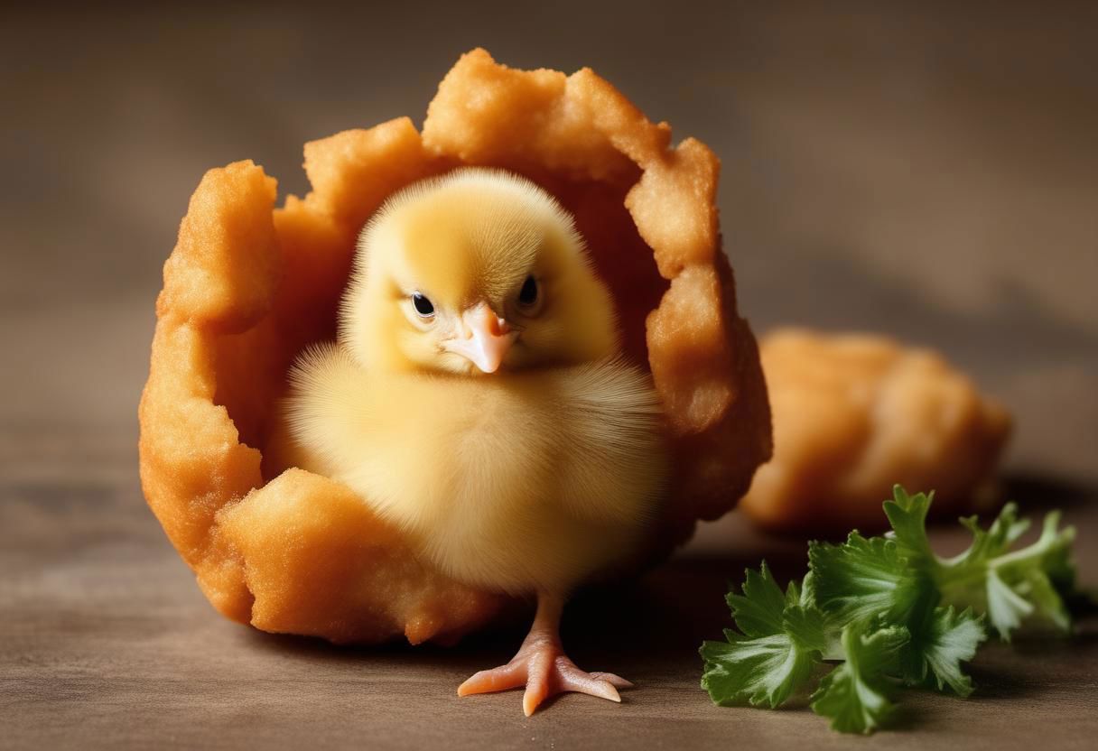 Stable Diffusion Prompt: Small chick inside fried egg shell—nature's ...
