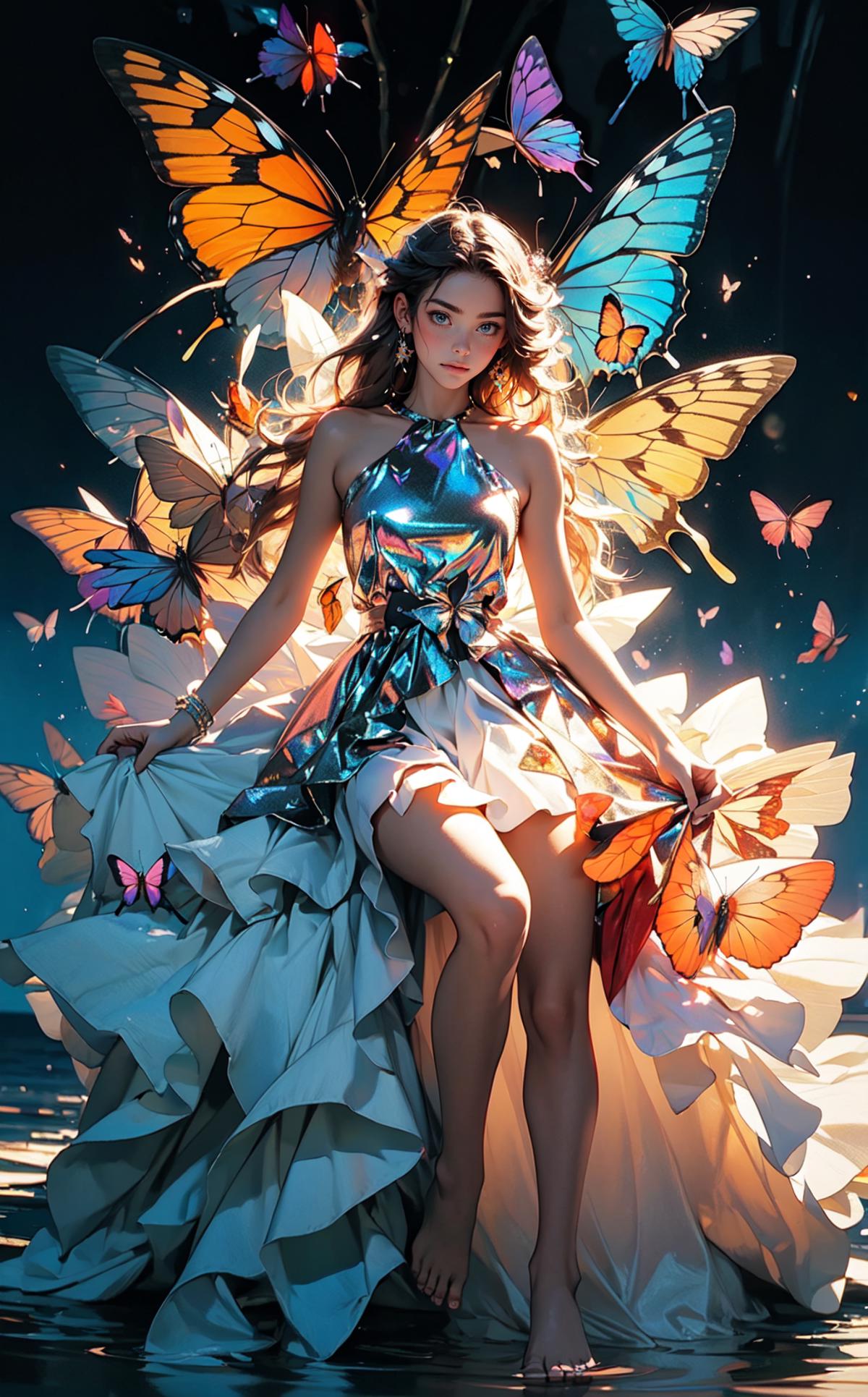 Stable Diffusion Prompt: A woman in a dress with butterflies on her ...