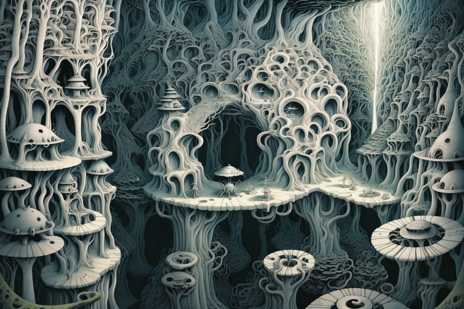 Stable Diffusion Prompt: Large mysterious room filled with strange, intriguing objects