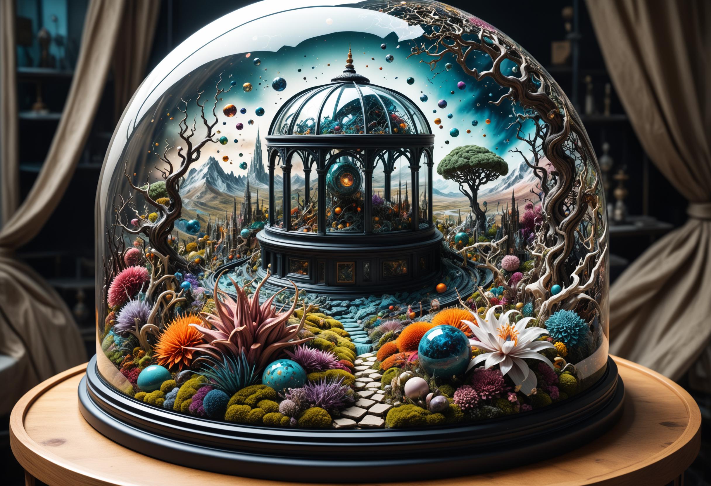 Stable Diffusion Prompt: Glass dome with birdcage display – elegant home decor idea