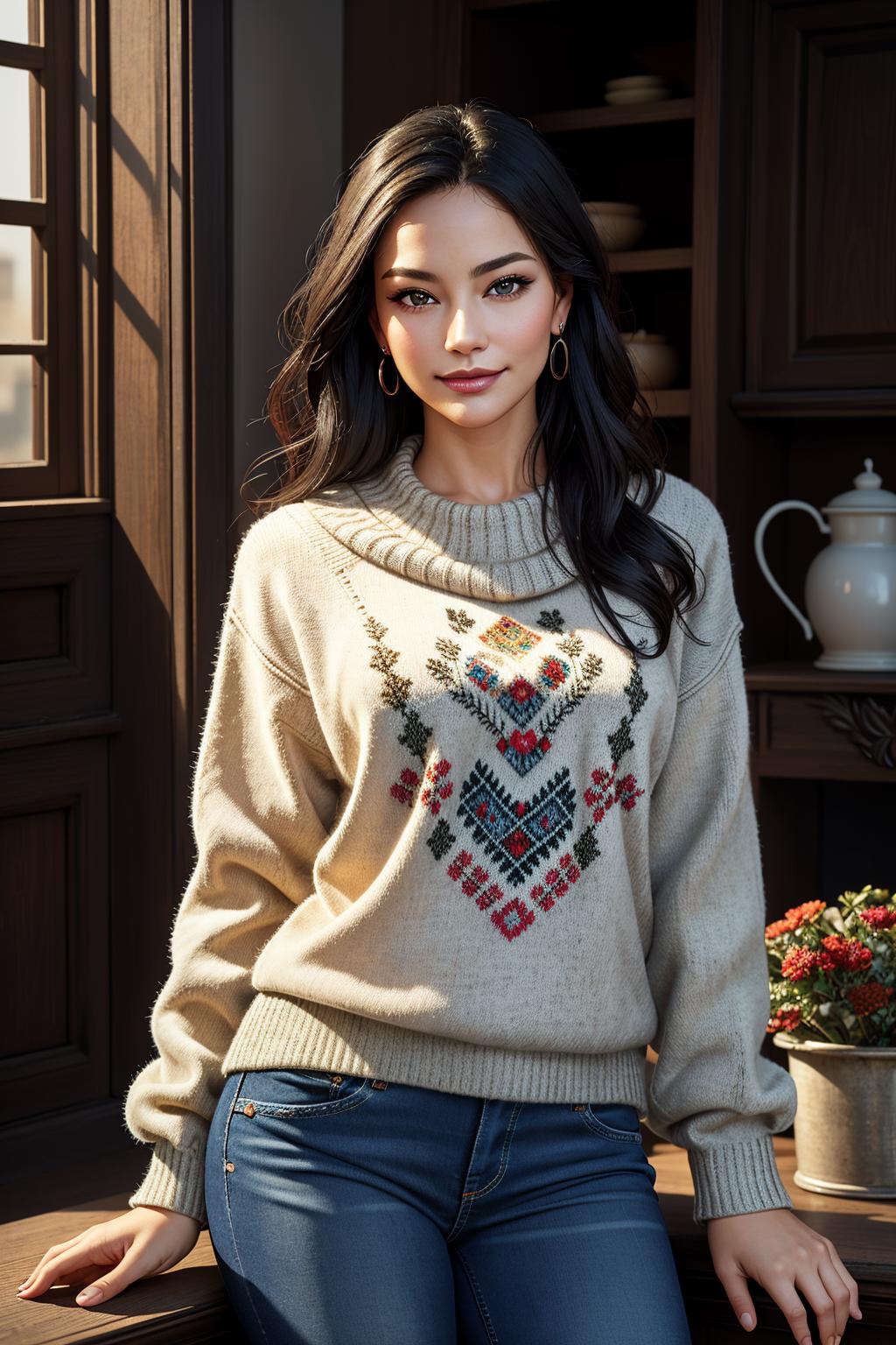 Stable Diffusion Prompt: A woman in a sweater and jeans sitting on a table