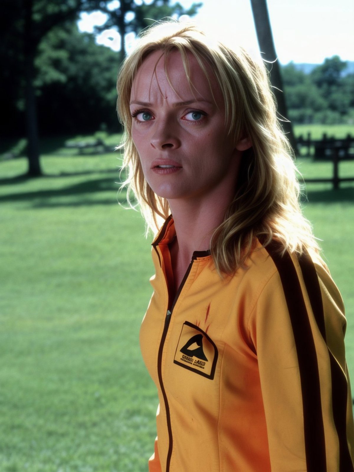 Stable Diffusion Prompt: Arafed woman in a yellow jacket standing in a park