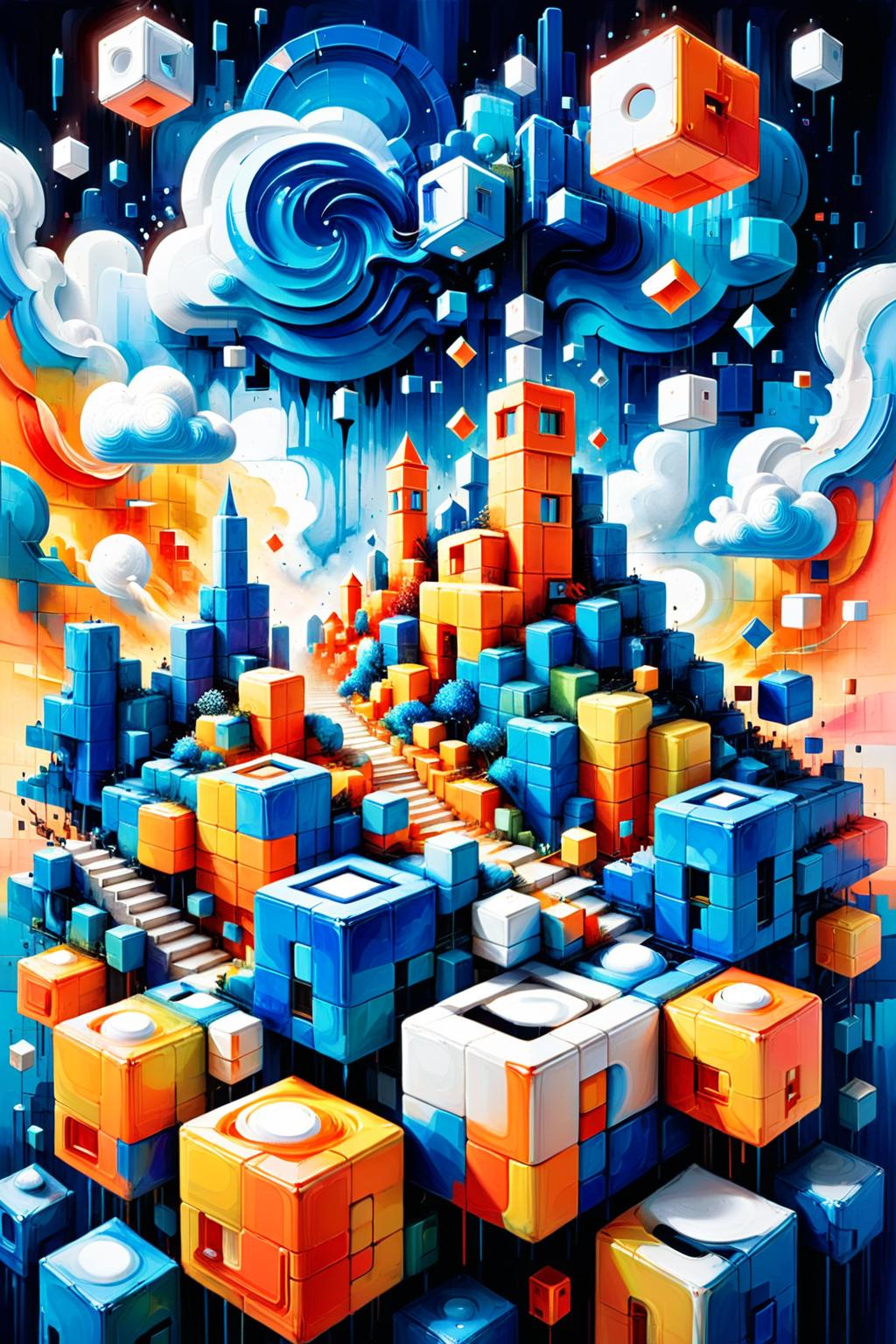 Stable Diffusion Prompt: A painting of a city with many cubes and clouds