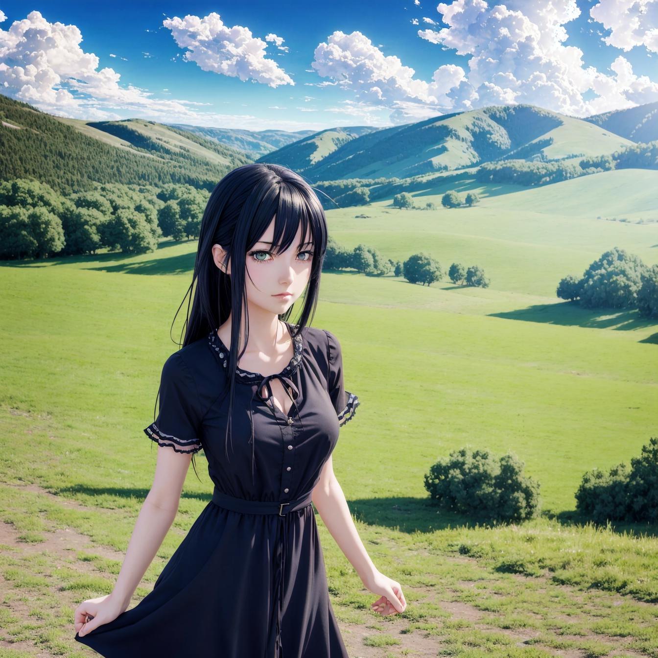 Stable Diffusion Prompt: Anime girl in black dress stands in mountain ...