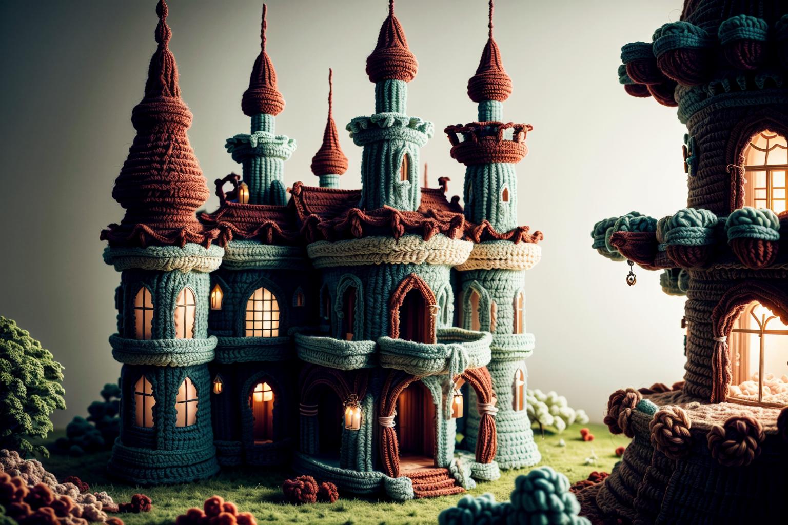 Stable Diffusion Prompt: Crocheted yarn castle with a cozy, decorative ...