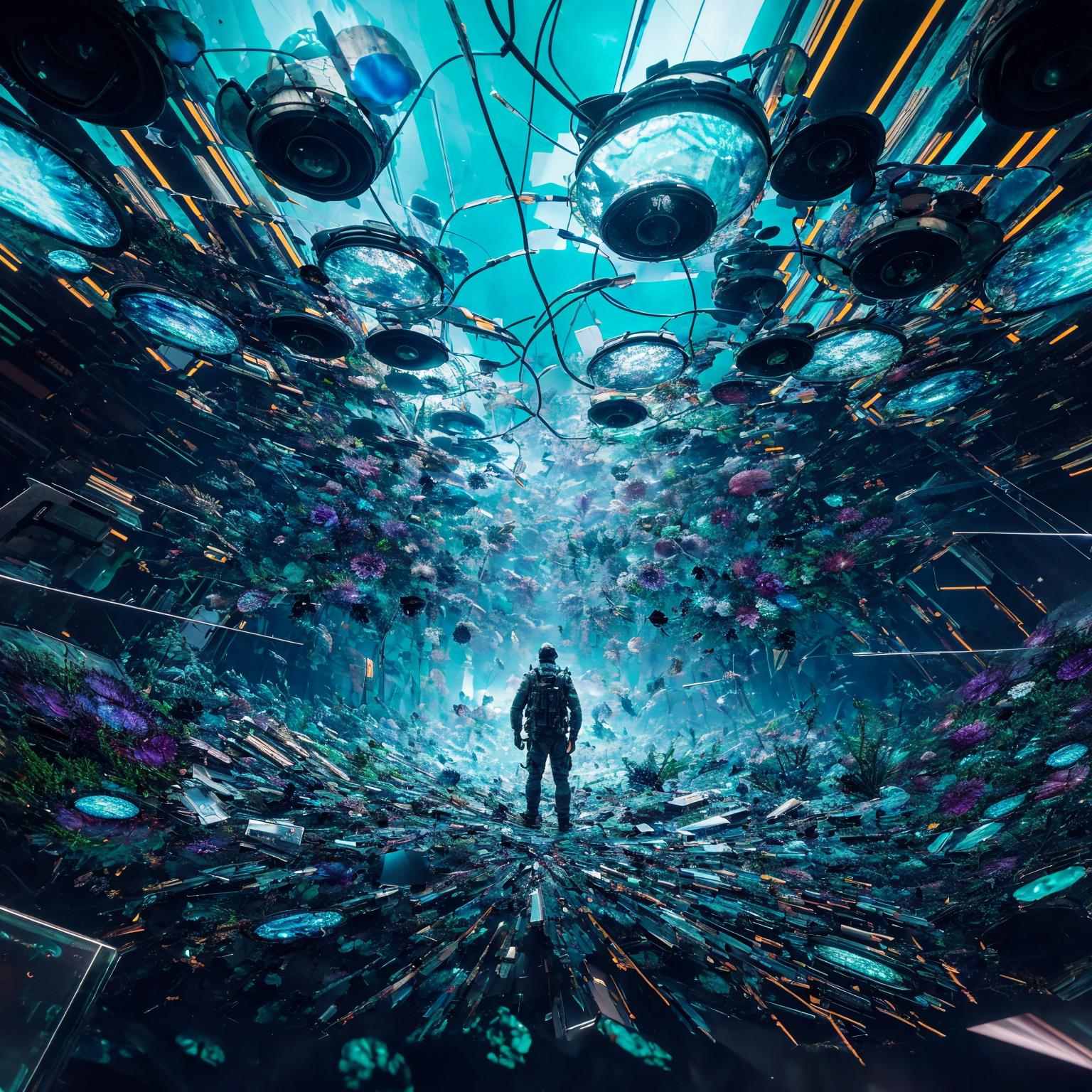 Stable Diffusion Prompt: Futuristic space scene with a man amid vibrant ...