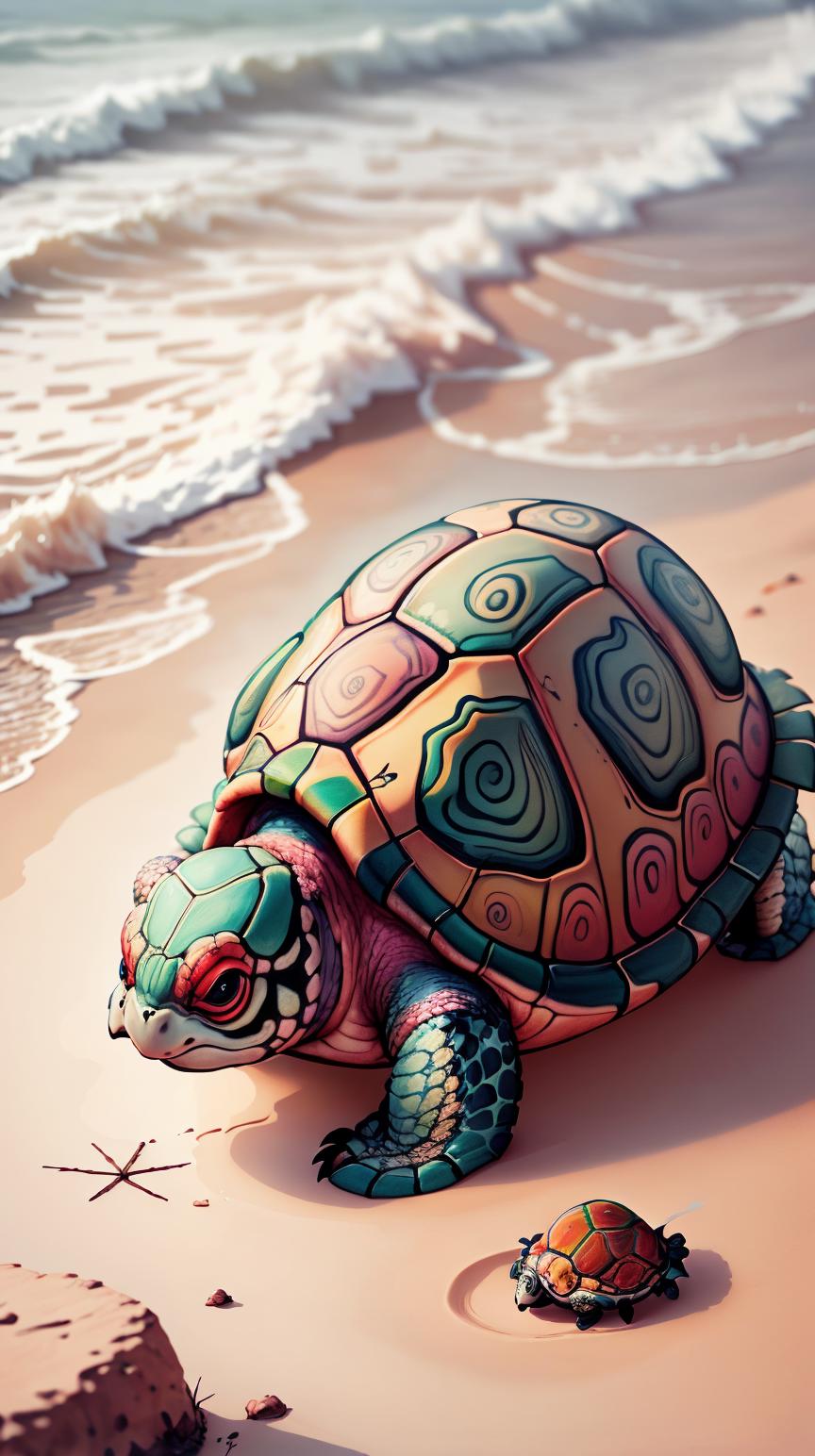 Stable Diffusion Prompt: There is a turtle that is sitting on the beach ...
