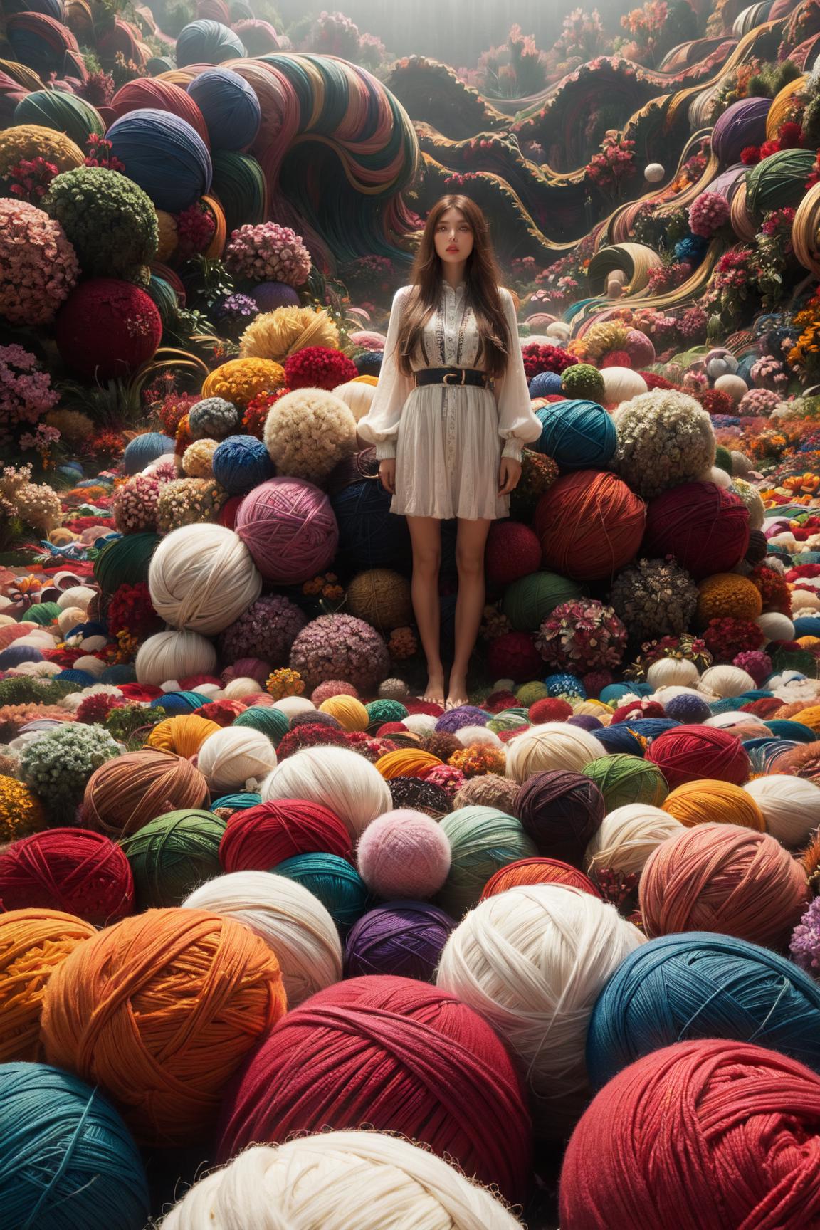 Stable Diffusion Prompt: A woman standing in a pile of yarn with a lot ...