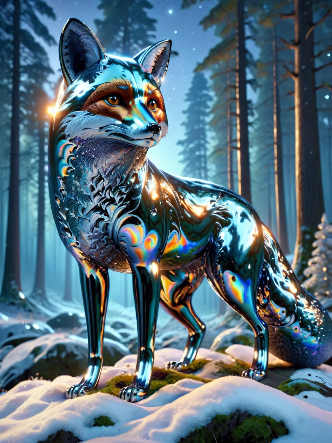 Stable Diffusion Prompt: Sleek AI fox shines in snowy moonlit forest for stunning visuals