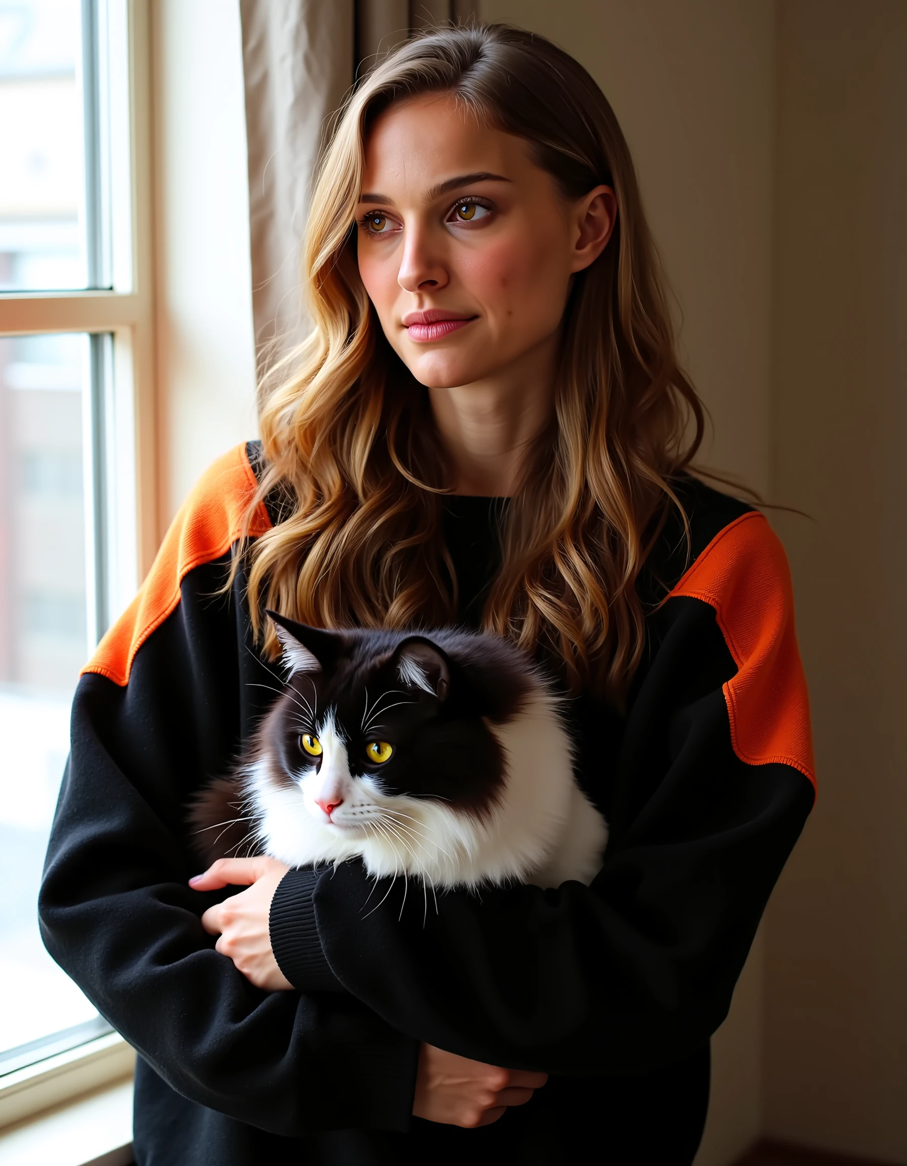 Stable Diffusion Prompt: Arafed woman with cat at window captures cozy pet moment